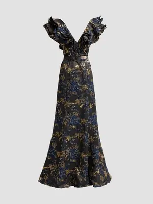 Badgley Mischka Jacqaurd Ruffle-sleeve Mermaid Gown
