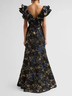 Badgley Mischka Jacqaurd Ruffle-sleeve Mermaid Gown