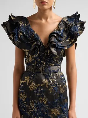 Badgley Mischka Jacqaurd Ruffle-sleeve Mermaid Gown