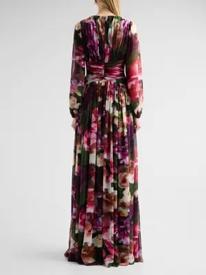 Badgley Mischka Floral Pleated Georgette A-line Gown