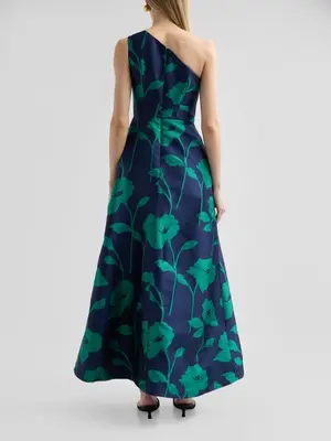 KAY UNGER Tiara Floral Jacqaurd One-shoulder Gown