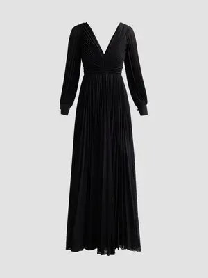 Badgley Mischka Pleated Chiffon Long-sleeve Gown