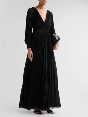 Badgley Mischka Pleated Chiffon Long-sleeve Gown