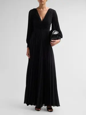 Badgley Mischka Pleated Chiffon Long-sleeve Gown