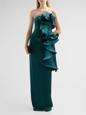 Badgley Mischka Satin Floral Strapless Column Gown