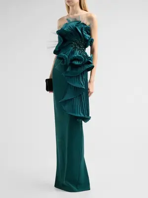 Badgley Mischka Satin Floral Strapless Column Gown