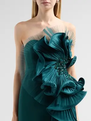 Badgley Mischka Satin Floral Strapless Column Gown