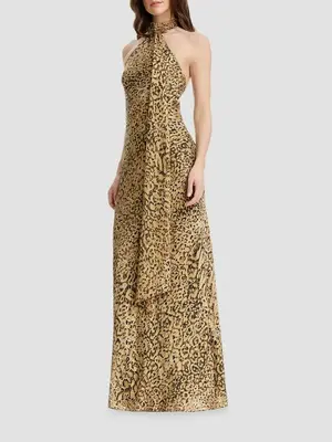 Dress The Population Olivia Leopard Print Halterneck Gown