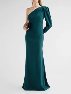 Badgley Mischka One-shoulder Draped Mermaid Gown