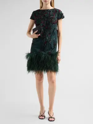 Badgley Mischka Embroidered Feather-hem Cocktail Dress
