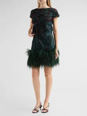 Badgley Mischka Embroidered Feather-hem Cocktail Dress