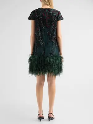 Badgley Mischka Embroidered Feather-hem Cocktail Dress