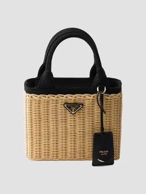 Prada Small Wicker And Canvas Top Handle Bag - Black