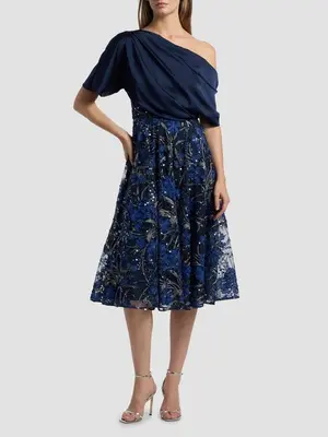 Theia Embellished One-shoulder Midi-dress