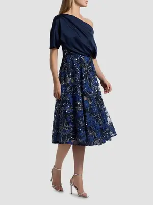 Theia Embellished One-shoulder Midi-dress