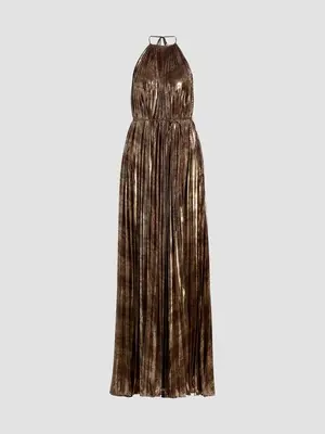 Halston Maxine Metallic Plissé Halter Gown