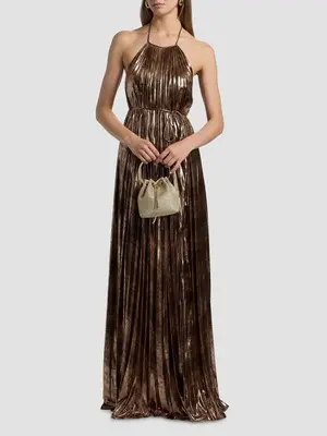 Halston Maxine Metallic Plissé Halter Gown