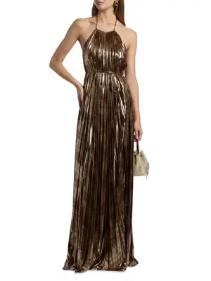 Halston Maxine Metallic Plissé Halter Gown