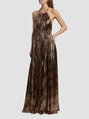 Halston Maxine Metallic Plissé Halter Gown