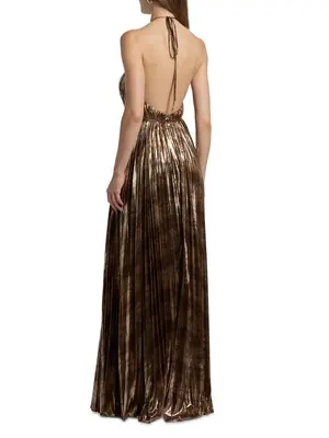 Halston Maxine Metallic Plissé Halter Gown