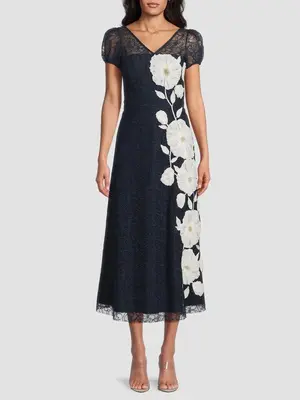 KAY UNGER Layla Floral Embroidered Tea-length Dress