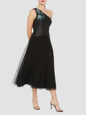 KAY UNGER Annabeth Embellished One-shoulder Cocktail Dress
