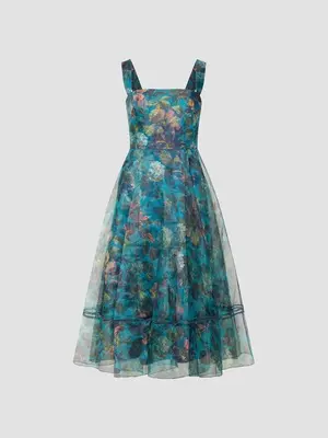 Theia Anissa Floral Organza Square-neck Midi-dress - Gilded Hydrangea