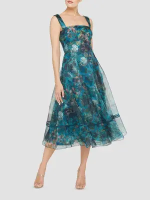 Theia Anissa Floral Organza Square-neck Midi-dress