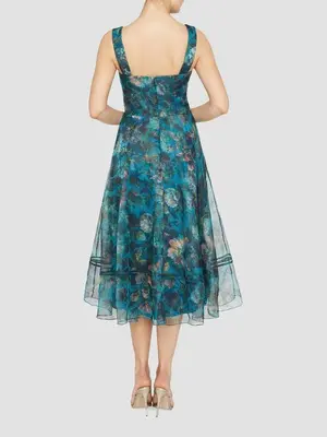 Theia Anissa Floral Organza Square-neck Midi-dress