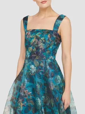 Theia Anissa Floral Organza Square-neck Midi-dress
