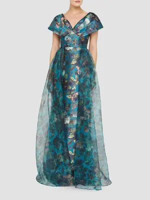 Theia Azaria Floral Mikado Draped V-neck Gown