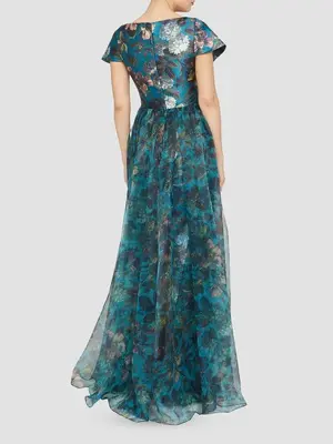 Theia Azaria Floral Mikado Draped V-neck Gown