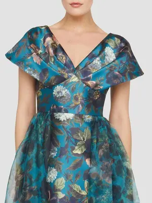 Theia Azaria Floral Mikado Draped V-neck Gown