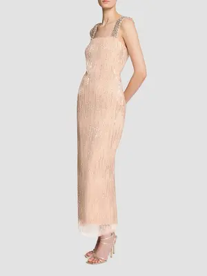 Halston Eila Embellished Tulle Square-neck Midi-dress