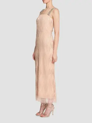 Halston Eila Embellished Tulle Square-neck Midi-dress