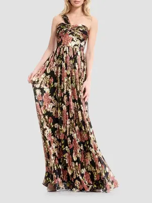 Dress The Population Idalia Floral One-shoulder Gown - Black Multi