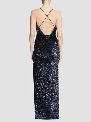 Halston Katri Sequined V-neck Gown - Indigo