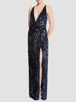 Halston Katri Sequined V-neck Gown - Indigo