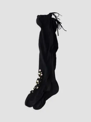 Prada Embroidered Over The Knee Cotton Socks - Black