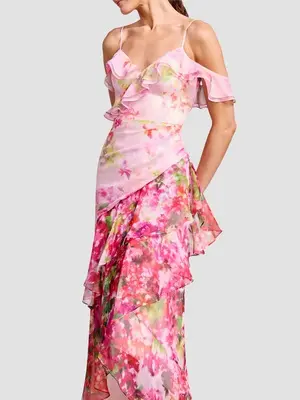 Dress The Population Lumi Ruffled Floral High-low Dress