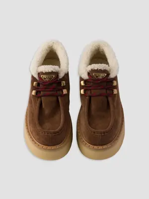 Prada Shearling Lined Suede Booties - Medium Brown