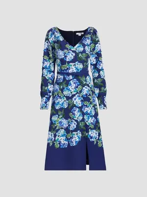 KAY UNGER Briony Hydrangea Stretch Crepe Belted Midi-dress - Deep Navy