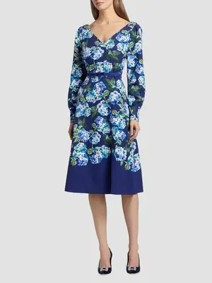 KAY UNGER Briony Hydrangea Stretch Crepe Belted Midi-dress