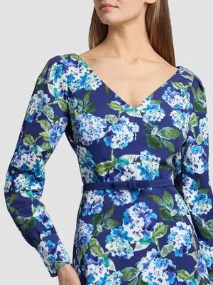 KAY UNGER Briony Hydrangea Stretch Crepe Belted Midi-dress