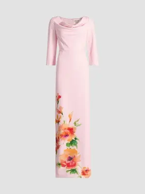 KAY UNGER Magnolia Floral Cowlneck Column Gown
