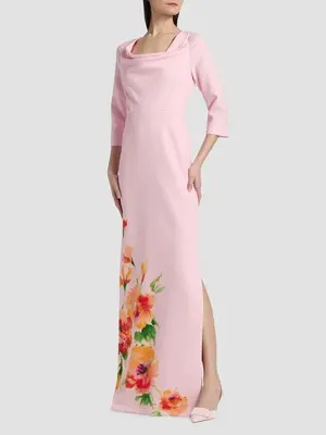 KAY UNGER Magnolia Floral Cowlneck Column Gown
