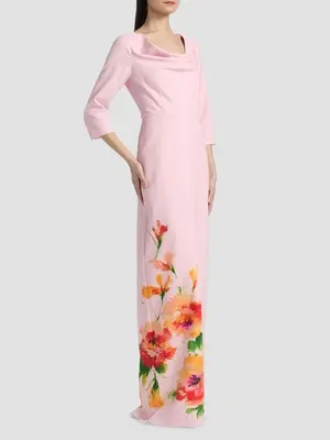 KAY UNGER Magnolia Floral Cowlneck Column Gown