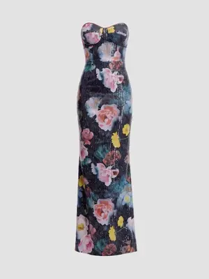 Dress The Population Vada Floral Sequined Strapless Maxi Gown - Black Multi