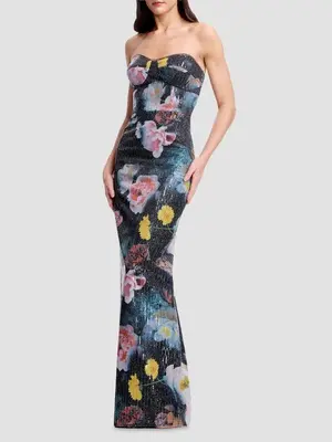 Dress The Population Vada Floral Sequined Strapless Maxi Gown