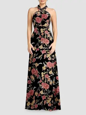 Dress The Population Brighton Velvet Floral Halterneck Maxi Dress